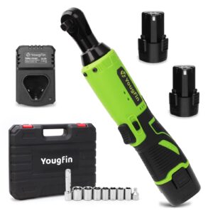 yougfin cordless electric ratchet wrench set, 40 ft-lbs 12v power ratchet kit with 60-min fast charger, variable speed, 2 packs 2000mah lithium-ion battery (3/8")