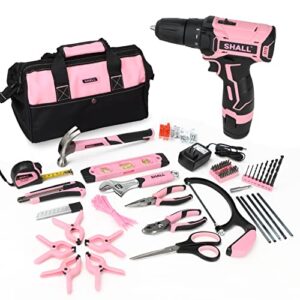 shall 222-piece pink drill driver and home tool set, 12v electric drill combo kit, 3/8" keyless chuck, 12" wide mouth open tool bag, for drilling wood/metal, women diy projects