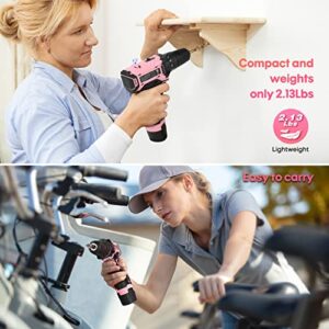 SHALL 222-Piece Pink Drill Driver and Home Tool Set, 12V Electric Drill Combo Kit, 3/8" Keyless Chuck, 12" Wide Mouth Open Tool Bag, for Drilling Wood/Metal, Women DIY Projects