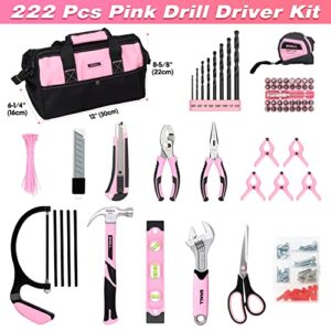 SHALL 222-Piece Pink Drill Driver and Home Tool Set, 12V Electric Drill Combo Kit, 3/8" Keyless Chuck, 12" Wide Mouth Open Tool Bag, for Drilling Wood/Metal, Women DIY Projects