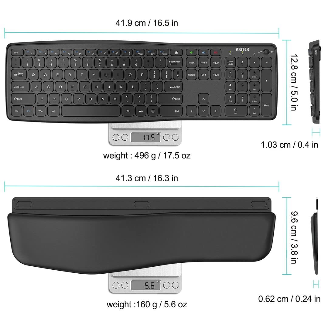 Arteck Bluetooth Keyboard Universal Wave Ergonomic Keyboard with Palm Rest Multi-Device Full Size Wireless Keyboard for Windows iOS iPad OS Android, Computer Desktop Laptop Surface Tablet Smartphone