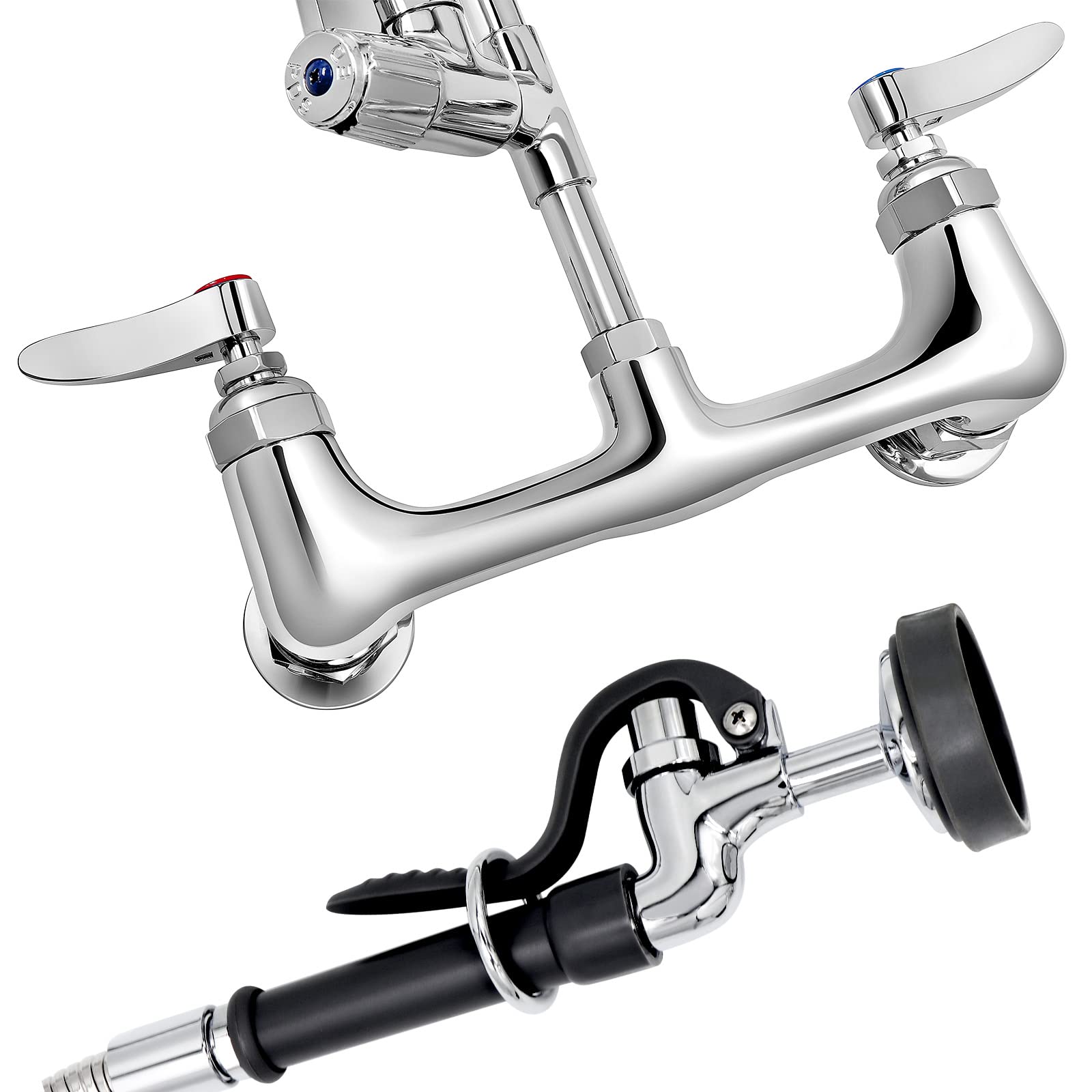 VEVOR Commercial Faucet with Pre-Rinse Sprayer, 8" Adjustable Center Wall Mount Kitchen Faucet with 12" Swivel Spout, 25" Height Compartment Sink Faucet for Industrial Restaurant, Lead-Free Brass