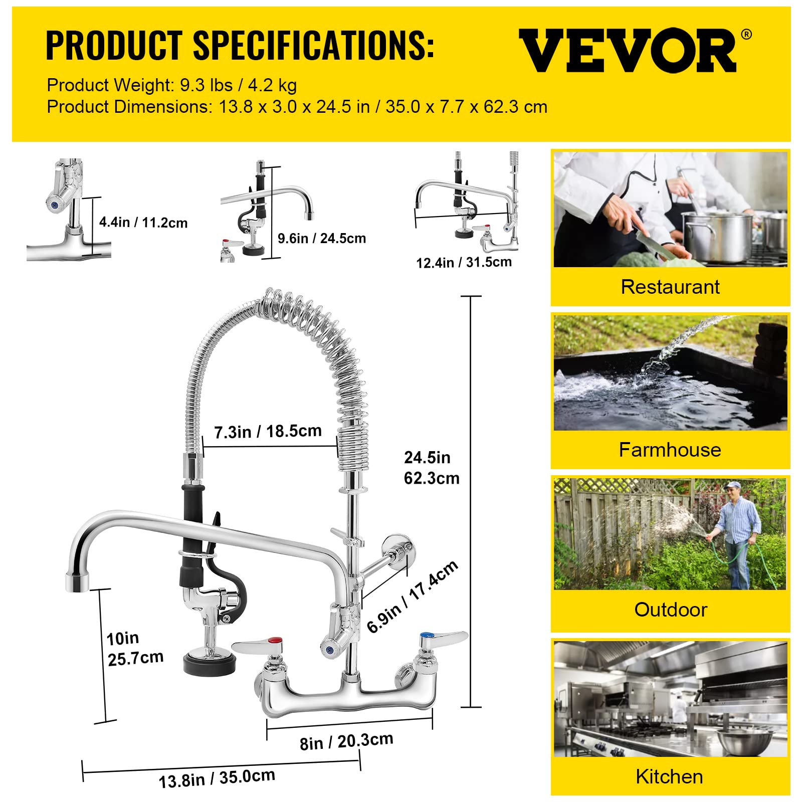 VEVOR Commercial Faucet with Pre-Rinse Sprayer, 8" Adjustable Center Wall Mount Kitchen Faucet with 12" Swivel Spout, 25" Height Compartment Sink Faucet for Industrial Restaurant, Lead-Free Brass