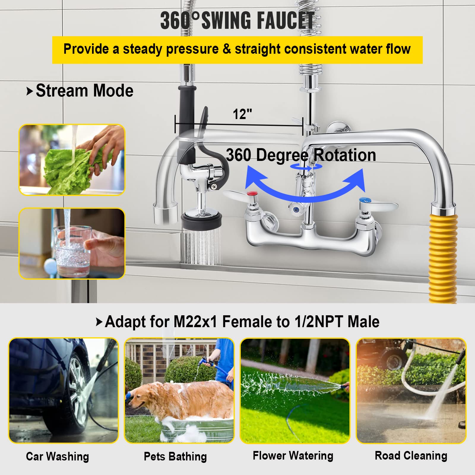 VEVOR Commercial Faucet with Pre-Rinse Sprayer, 8" Adjustable Center Wall Mount Kitchen Faucet with 12" Swivel Spout, 25" Height Compartment Sink Faucet for Industrial Restaurant, Lead-Free Brass