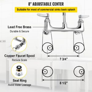 VEVOR Commercial Faucet with Pre-Rinse Sprayer, 8" Adjustable Center Wall Mount Kitchen Faucet with 12" Swivel Spout, 25" Height Compartment Sink Faucet for Industrial Restaurant, Lead-Free Brass