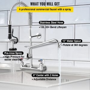 VEVOR Commercial Faucet with Pre-Rinse Sprayer, 8" Adjustable Center Wall Mount Kitchen Faucet with 12" Swivel Spout, 25" Height Compartment Sink Faucet for Industrial Restaurant, Lead-Free Brass