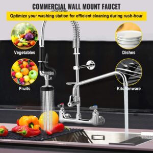 VEVOR Commercial Faucet with Pre-Rinse Sprayer, 8" Adjustable Center Wall Mount Kitchen Faucet with 12" Swivel Spout, 25" Height Compartment Sink Faucet for Industrial Restaurant, Lead-Free Brass