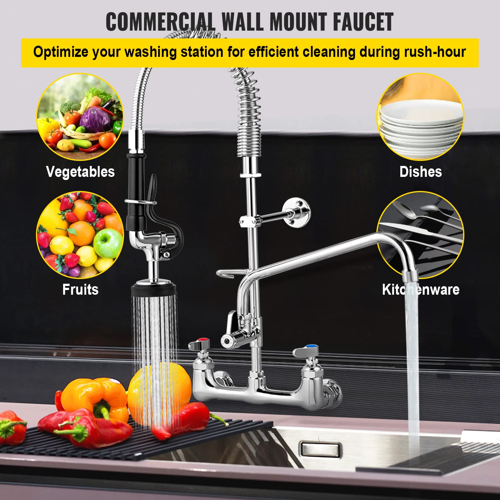 VEVOR Commercial Faucet with Pre-Rinse Sprayer, 8" Adjustable Center Wall Mount Kitchen Faucet with 12" Swivel Spout, 25" Height Compartment Sink Faucet for Industrial Restaurant, Lead-Free Brass