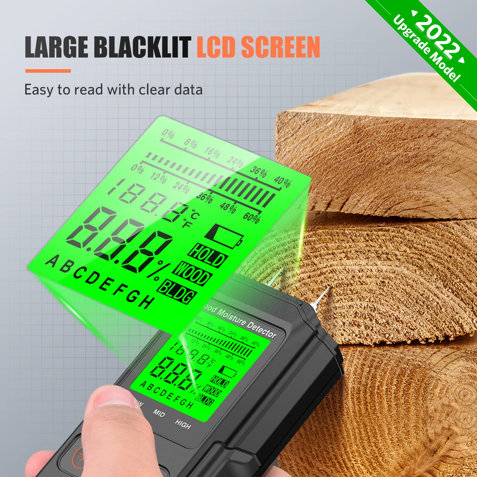 Wood Moisture Meter for Lumber - Firewood Moisture Meter for Walls with Backlit LCD Display Mold Damp Detector Humidity Meter Digital Moisture Meter for Drywall Woodworking Plaster Paper Floor