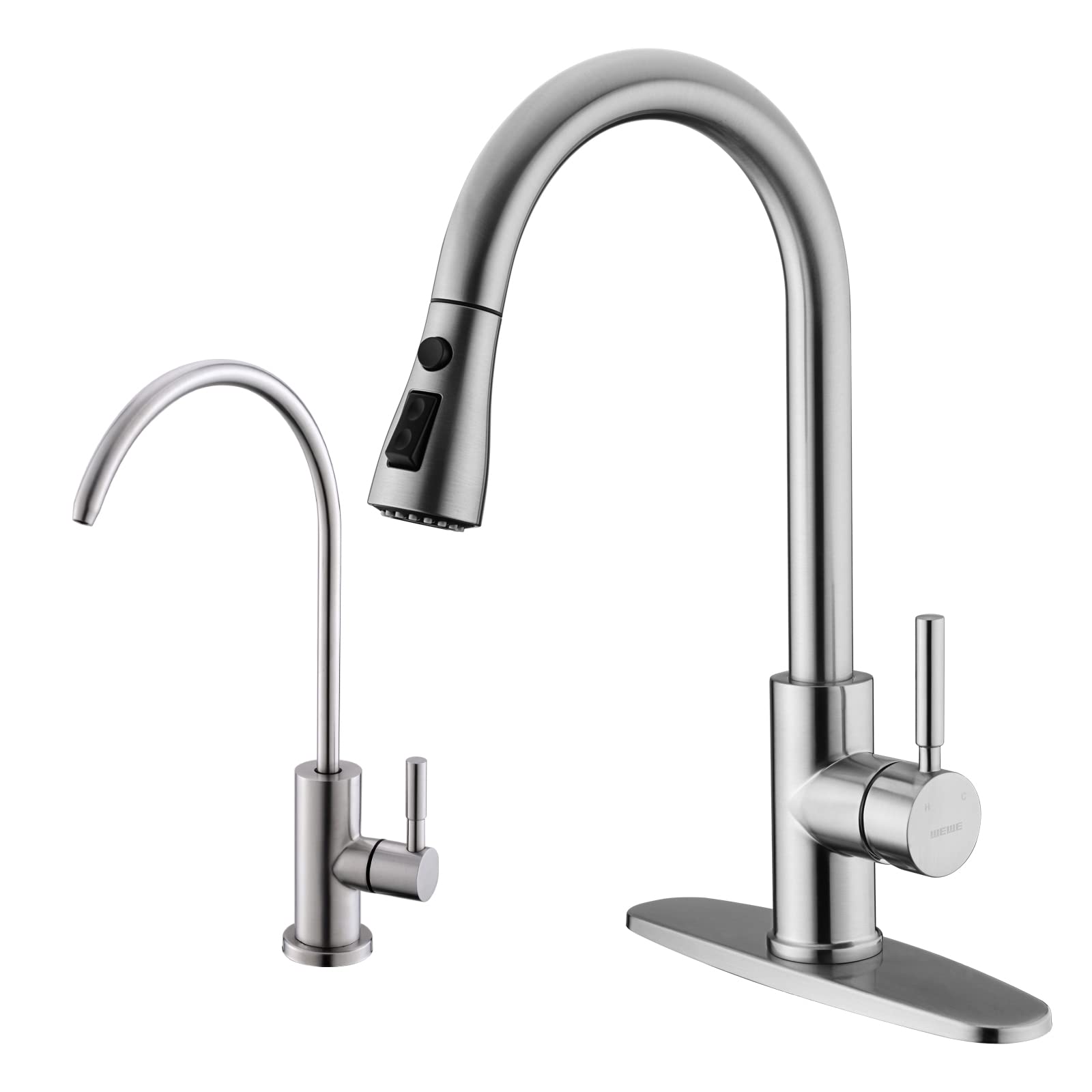 WEWE Single Handle High Arc Brushed Nickel Pull Out Kitchen Faucet,Single Level Stainless Steel Kitchen Sink Faucets with Water Filter Faucet