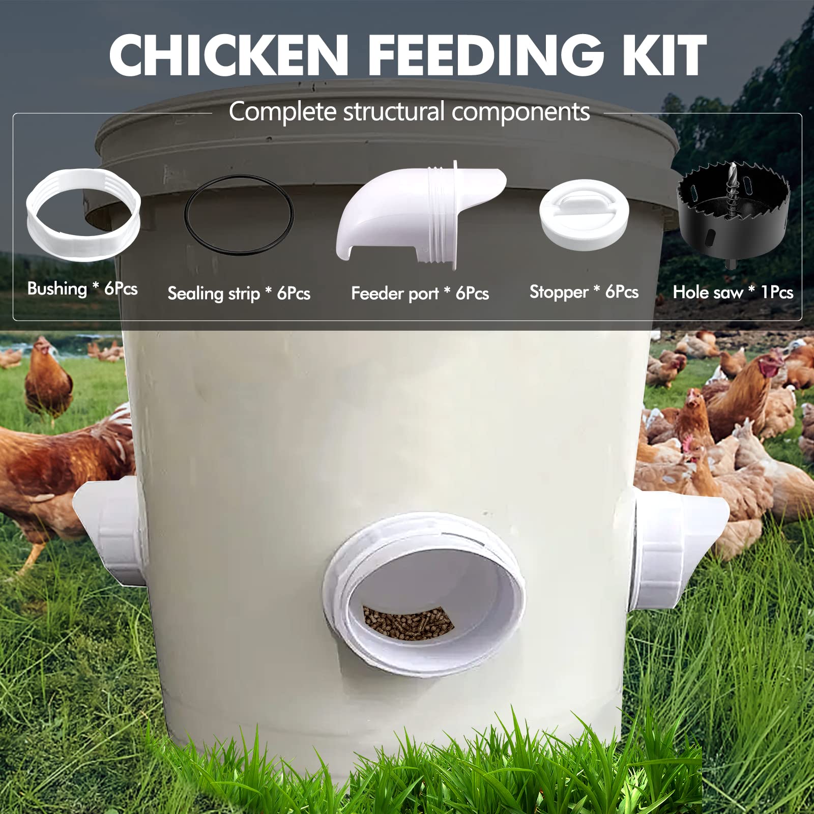 6 Pack DIY Chicken Feeder Kit, No Waste Poultry Feeder Port Gravity Feed Kit for Buckets, Barrels, Bins | Rian Proof (6 Feeder Ports with Hole Saw)