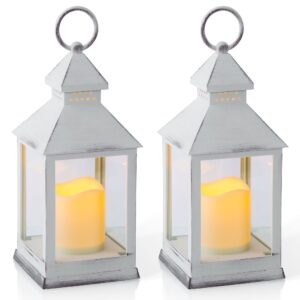 hn haiinaa 2 pack white vintage lantern decorative candle lanterns with timer battery operated led flickering flameless candle lanterns for indoor outdoor table patio party garden home decor