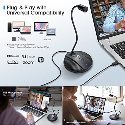 Desktop USB microphone with mute button, plug and play, can adjust the direction arbitrarily. Compatible with MAC/Windows, suitable for recording, work meeting, gaming, laptop, computer