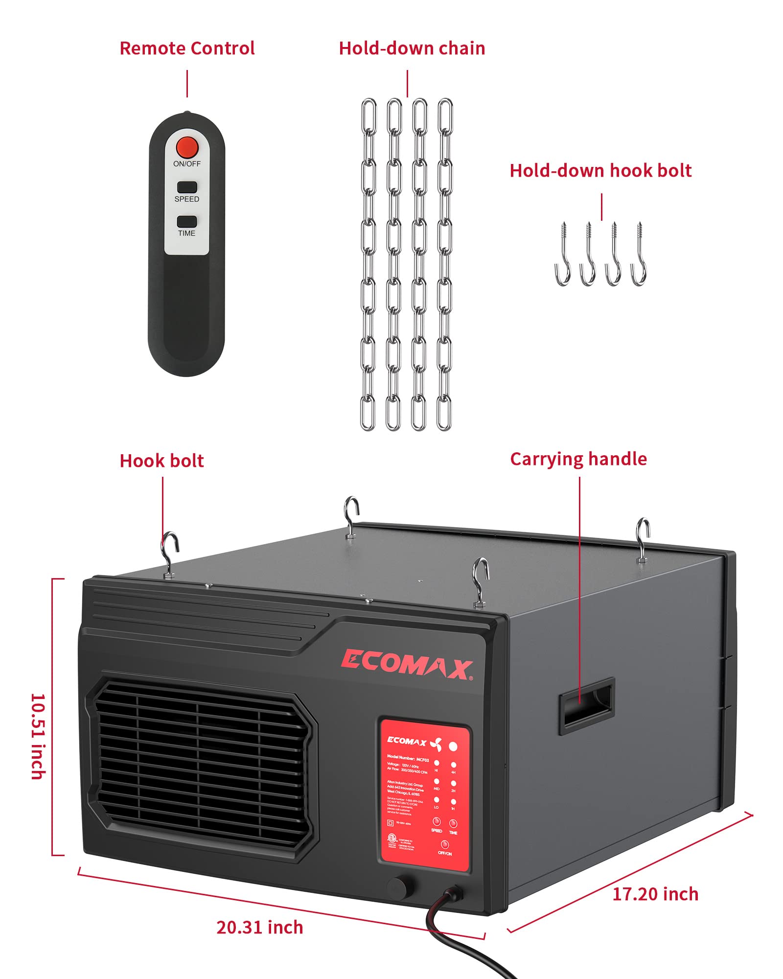 Ecomax MCF03 Air Filtration System, 3-Speed Hanging Ceiling Dust Collectors for Woodworking, Remote Controlled Dust Collection Systems for Shop Garage (300/350/400 CFM)