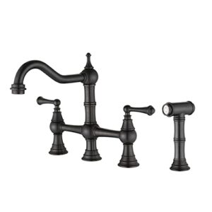 cesicia oil rubbed bronze kitchen faucet with side sprayer, 4 hole brass kitchen faucets for sink, 2 handle centerset bridge faucet vintage farmhouse copper kitchen sink faucets