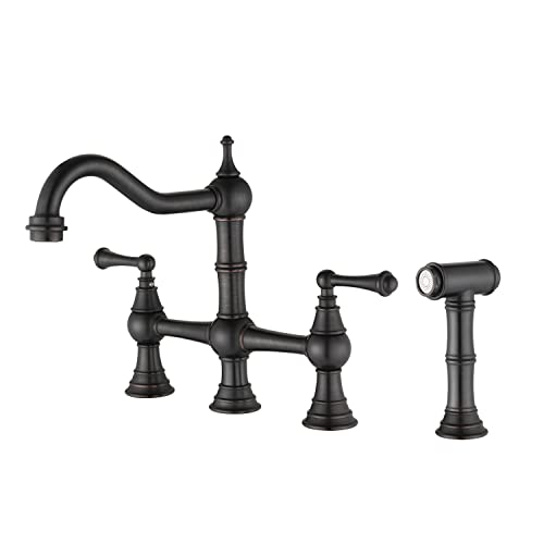 Cesicia Oil Rubbed Bronze Kitchen Faucet with Side Sprayer, 4 Hole Brass Kitchen Faucets for Sink, 2 Handle Centerset Bridge Faucet Vintage Farmhouse Copper Kitchen Sink Faucets