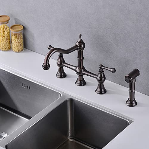 Cesicia Oil Rubbed Bronze Kitchen Faucet with Side Sprayer, 4 Hole Brass Kitchen Faucets for Sink, 2 Handle Centerset Bridge Faucet Vintage Farmhouse Copper Kitchen Sink Faucets