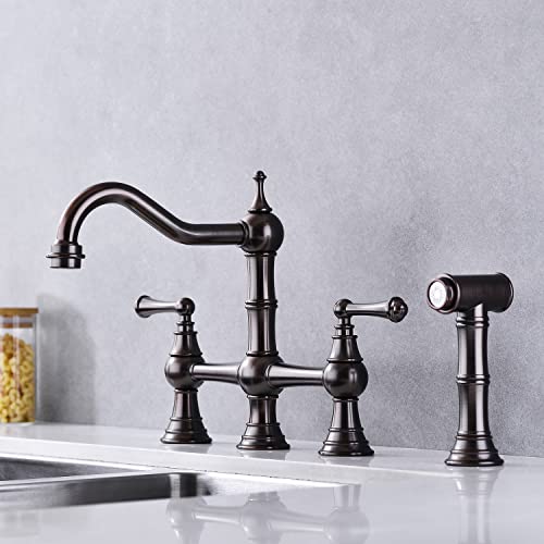 Cesicia Oil Rubbed Bronze Kitchen Faucet with Side Sprayer, 4 Hole Brass Kitchen Faucets for Sink, 2 Handle Centerset Bridge Faucet Vintage Farmhouse Copper Kitchen Sink Faucets