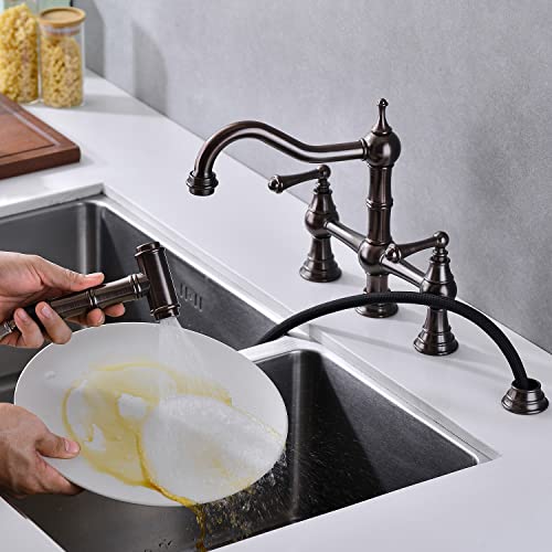 Cesicia Oil Rubbed Bronze Kitchen Faucet with Side Sprayer, 4 Hole Brass Kitchen Faucets for Sink, 2 Handle Centerset Bridge Faucet Vintage Farmhouse Copper Kitchen Sink Faucets