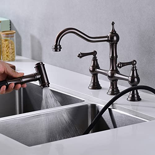 Cesicia Oil Rubbed Bronze Kitchen Faucet with Side Sprayer, 4 Hole Brass Kitchen Faucets for Sink, 2 Handle Centerset Bridge Faucet Vintage Farmhouse Copper Kitchen Sink Faucets