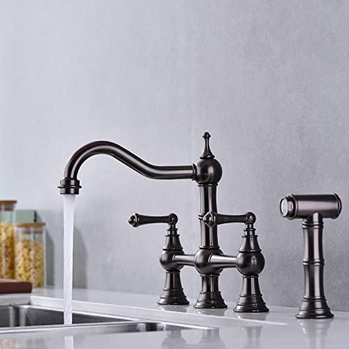 Cesicia Oil Rubbed Bronze Kitchen Faucet with Side Sprayer, 4 Hole Brass Kitchen Faucets for Sink, 2 Handle Centerset Bridge Faucet Vintage Farmhouse Copper Kitchen Sink Faucets