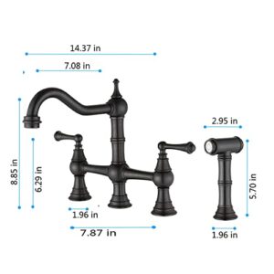 Cesicia Oil Rubbed Bronze Kitchen Faucet with Side Sprayer, 4 Hole Brass Kitchen Faucets for Sink, 2 Handle Centerset Bridge Faucet Vintage Farmhouse Copper Kitchen Sink Faucets