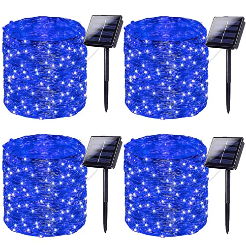 Solar String Lights Outdoor, 4-Pack Each 72FT 200 LED, Solar Twinkle Lights Outdoor Waterproof with 8 Modes, Copper Wire Solar Fairy Lights for Tree Outside Decorations (Blue)