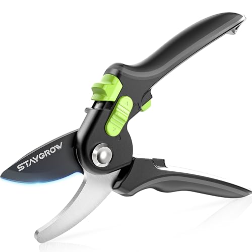 STAYGROW 8.5" Bypass Pruning Shears, All Steel Aluminum Alloy Construction Garden Shears, Ultra Sharp SK5 Carbon Steels Blades with Non-Stick Teflon Coating, Adjustable Opening Cuts Up to 3/4" (20mm）