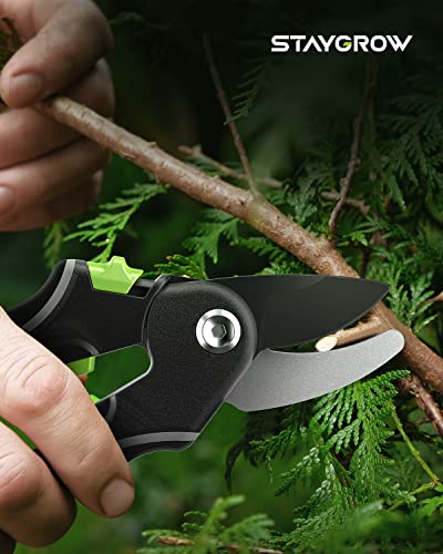 STAYGROW 8.5" Bypass Pruning Shears, All Steel Aluminum Alloy Construction Garden Shears, Ultra Sharp SK5 Carbon Steels Blades with Non-Stick Teflon Coating, Adjustable Opening Cuts Up to 3/4" (20mm）