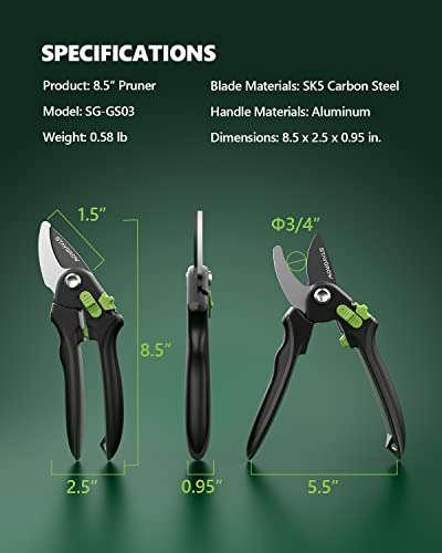 STAYGROW 8.5" Bypass Pruning Shears, All Steel Aluminum Alloy Construction Garden Shears, Ultra Sharp SK5 Carbon Steels Blades with Non-Stick Teflon Coating, Adjustable Opening Cuts Up to 3/4" (20mm）