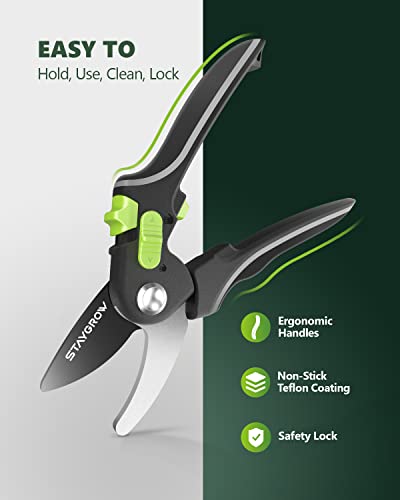 STAYGROW 8.5" Bypass Pruning Shears, All Steel Aluminum Alloy Construction Garden Shears, Ultra Sharp SK5 Carbon Steels Blades with Non-Stick Teflon Coating, Adjustable Opening Cuts Up to 3/4" (20mm）