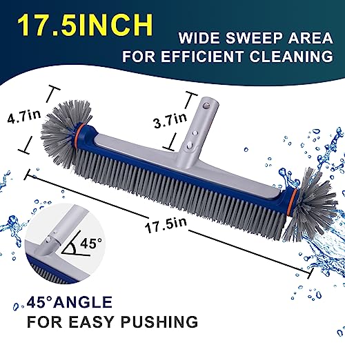 POOLAZA Pool Brush Head, 17.5" Round Ends Pool Brush with Sturdy Aluminum Handle & Durable Nylon Bristles, Professional Pool Brushes for Cleaning Pool Walls, Floors Steps & Corners(Blue)