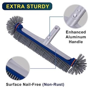 POOLAZA Pool Brush Head, 17.5" Round Ends Pool Brush with Sturdy Aluminum Handle & Durable Nylon Bristles, Professional Pool Brushes for Cleaning Pool Walls, Floors Steps & Corners(Blue)