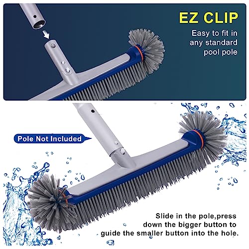 POOLAZA Pool Brush Head, 17.5" Round Ends Pool Brush with Sturdy Aluminum Handle & Durable Nylon Bristles, Professional Pool Brushes for Cleaning Pool Walls, Floors Steps & Corners(Blue)