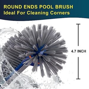 POOLAZA Pool Brush Head, 17.5" Round Ends Pool Brush with Sturdy Aluminum Handle & Durable Nylon Bristles, Professional Pool Brushes for Cleaning Pool Walls, Floors Steps & Corners(Blue)