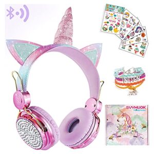 svyhuok unicorn kids bluetooth headphones for girls,teens,boys,wireless cat headset for smartphones tablet laptop pc tv,with mic and adjustable headband,perfect for birthday and xmas gifts.