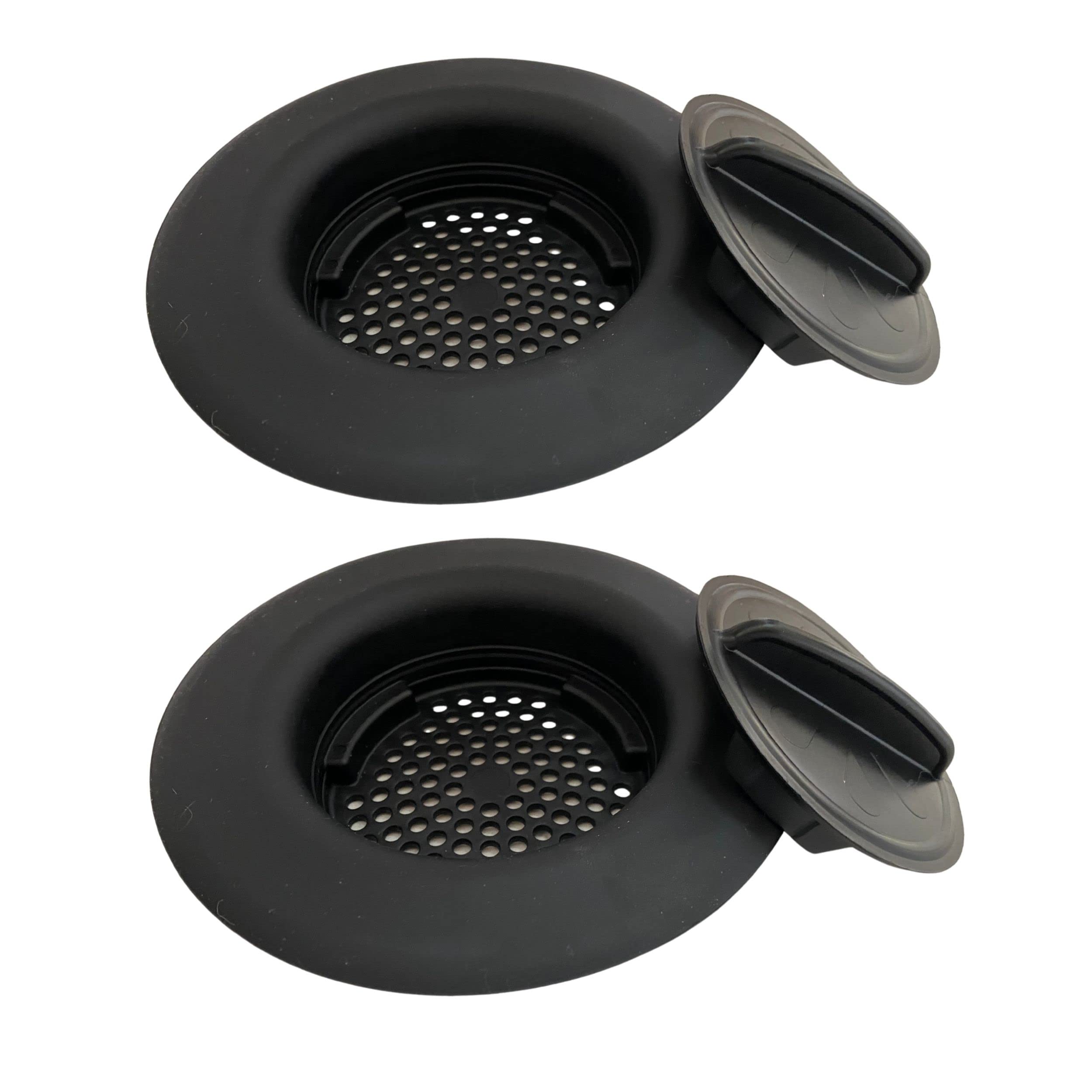 Flex Strainer Kitchen Sink Strainer Basket Replacement and Drain Stopper Plug, 2N1, fits 3-1/2” drains, 5-1/4” Diameter, USA Made Black 2Pk