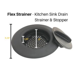 Flex Strainer Kitchen Sink Strainer Basket Replacement and Drain Stopper Plug, 2N1, fits 3-1/2” drains, 5-1/4” Diameter, USA Made Black 2Pk