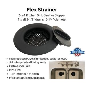 Flex Strainer Kitchen Sink Strainer Basket Replacement and Drain Stopper Plug, 2N1, fits 3-1/2” drains, 5-1/4” Diameter, USA Made Black 2Pk