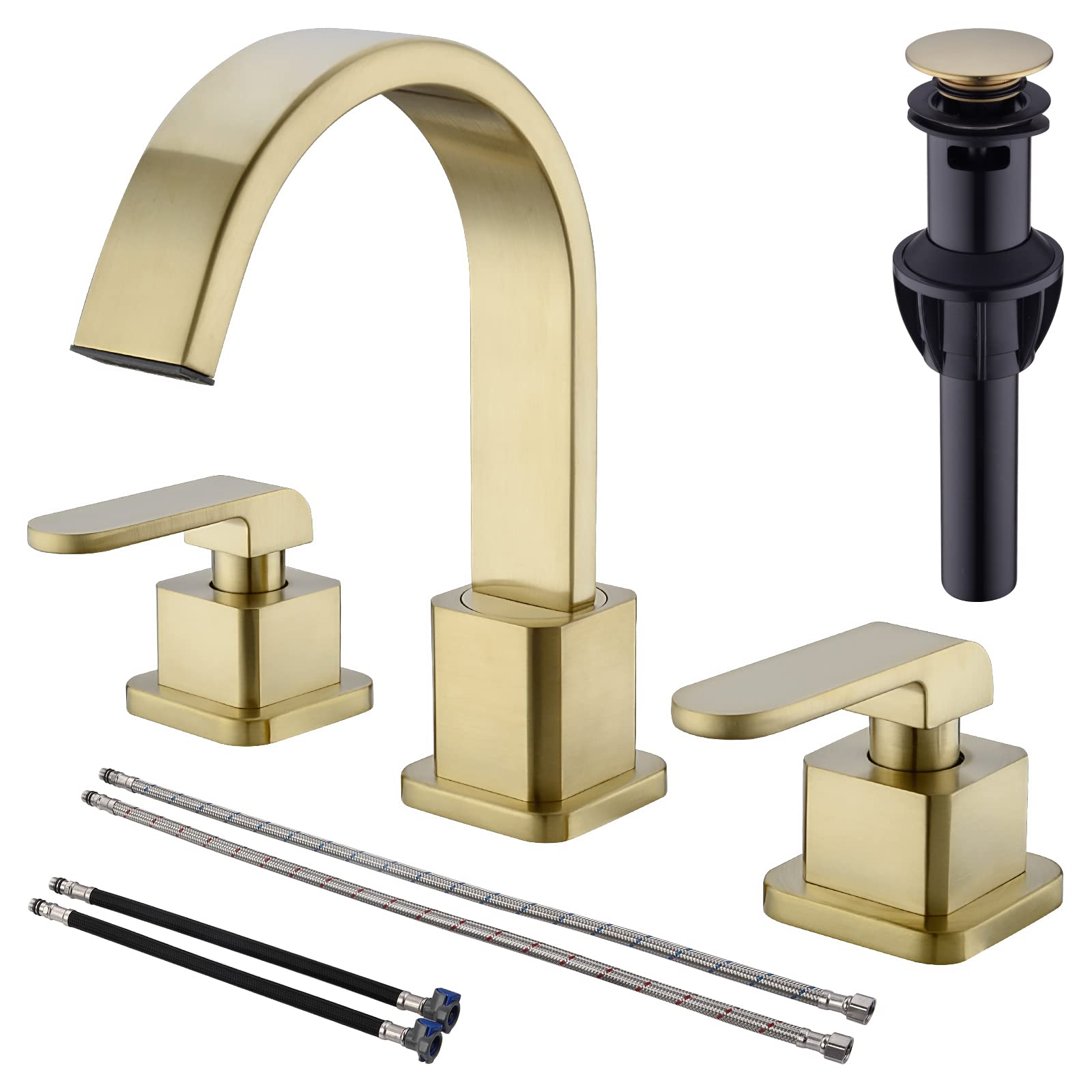 DIKUROOMS Brushed Gold 8-Inch Deck Mount Bathroom Faucet with 3-Hole Brass Square Shaped Waterfall Aerator, 2-Handle Design, Drain Assembly Included