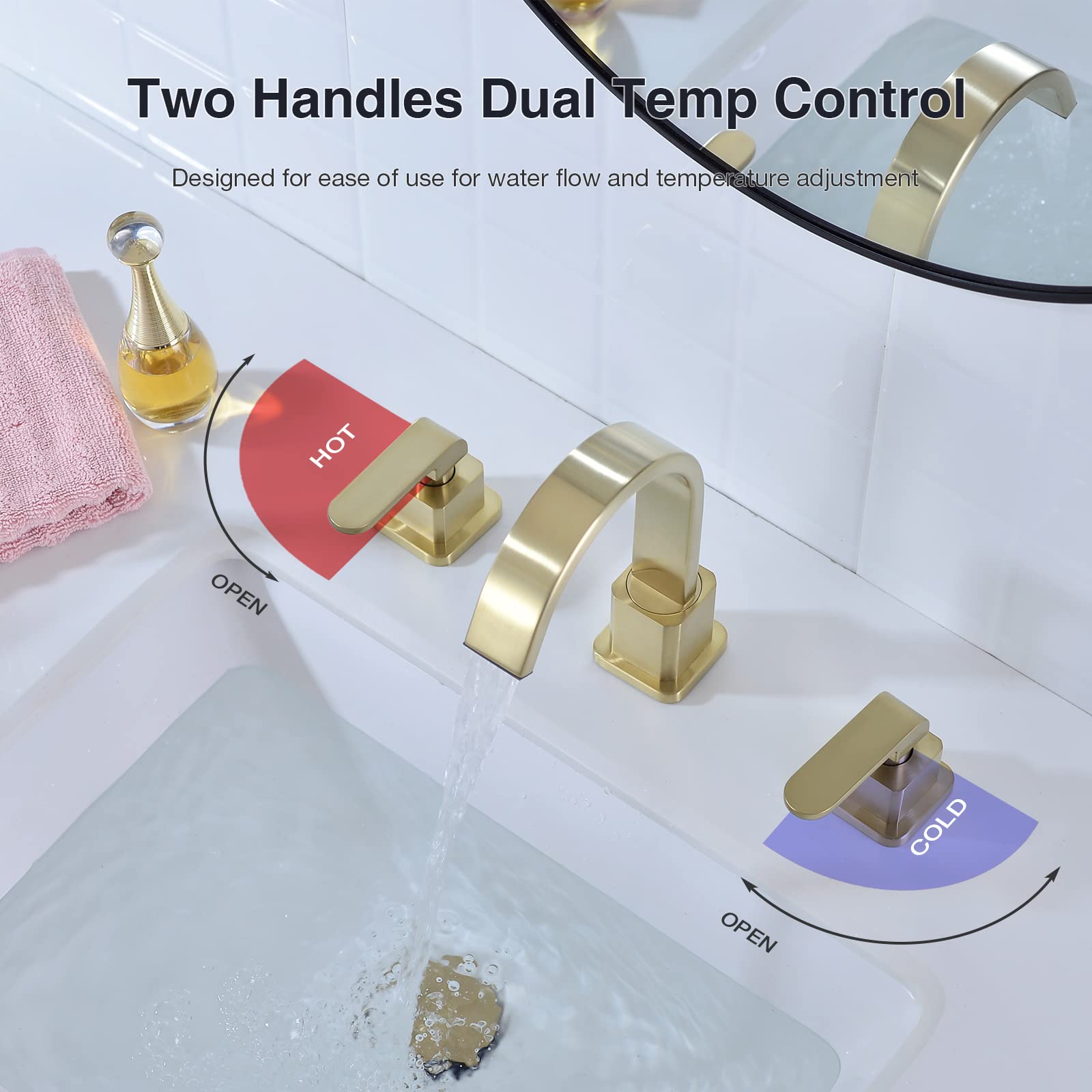 DIKUROOMS Brushed Gold 8-Inch Deck Mount Bathroom Faucet with 3-Hole Brass Square Shaped Waterfall Aerator, 2-Handle Design, Drain Assembly Included