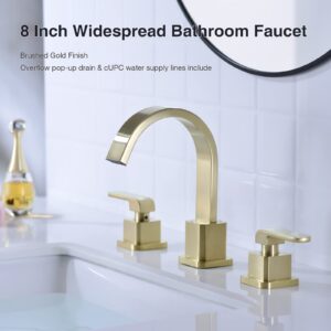 DIKUROOMS Brushed Gold 8-Inch Deck Mount Bathroom Faucet with 3-Hole Brass Square Shaped Waterfall Aerator, 2-Handle Design, Drain Assembly Included