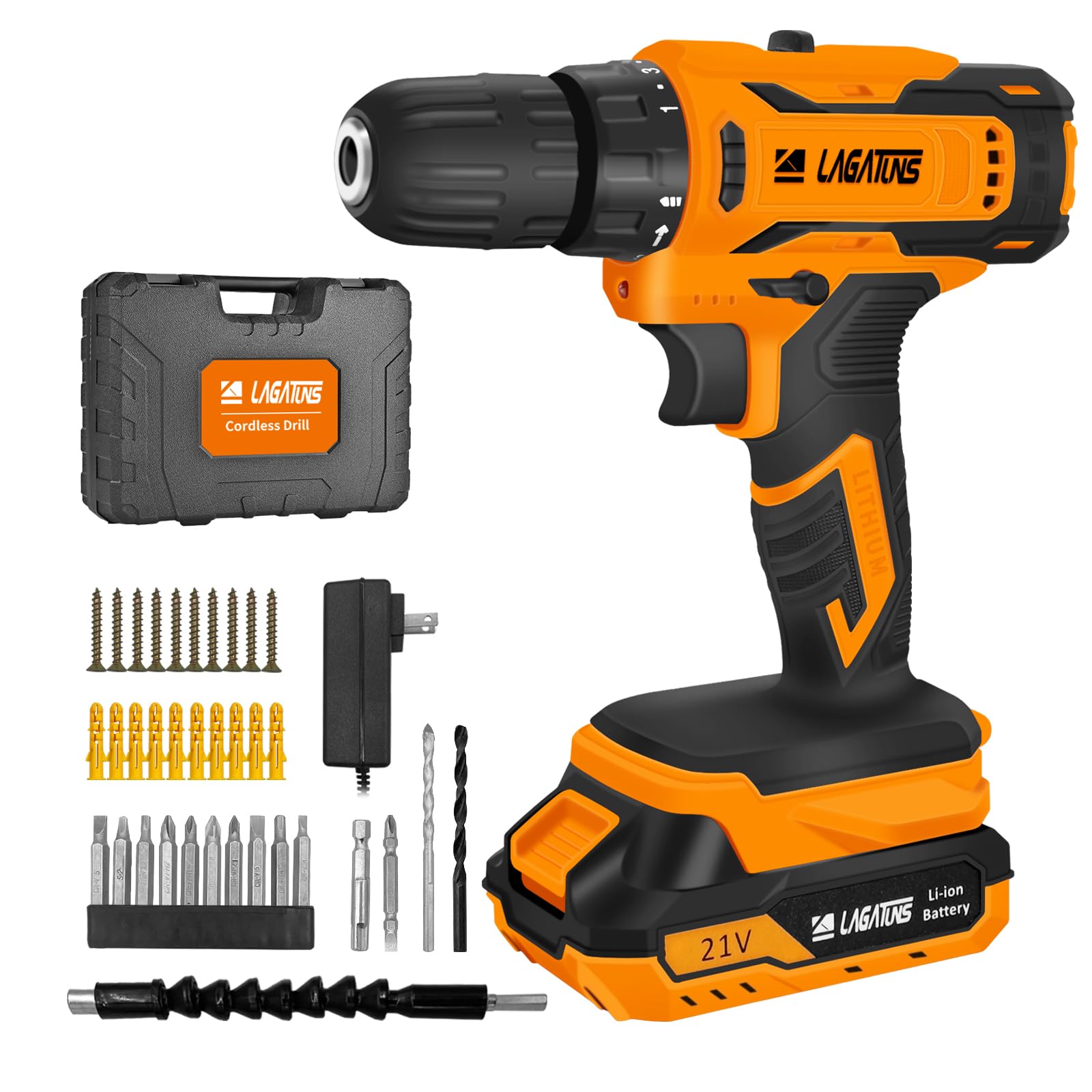 Power Drill Cordless,21V Electric Power Drill Set,18+1 Clutch & Variable Speed,3/8-Inch Keyless Chuck，40NM（355in-Lbs）Max Torque,with a Battery & Charger,and other Accessories