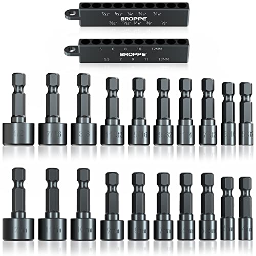 BROPPE 20Pcs Power Nut Driver Set for Impact Drill, SAE and Metric 1/4” Hex Head Drill Bit Set Screwdriver Socket Set, High Hardness CR-V Steel, Quick Change Chuck Socket Wrench Screw Impact Nutsetter