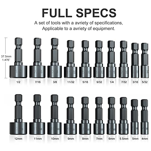 BROPPE 20Pcs Power Nut Driver Set for Impact Drill, SAE and Metric 1/4” Hex Head Drill Bit Set Screwdriver Socket Set, High Hardness CR-V Steel, Quick Change Chuck Socket Wrench Screw Impact Nutsetter