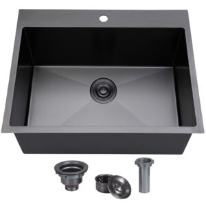 shaco 25x22 inch black drop in kitchen sink, 25 inch gunmetal black rv laundry utility sink, top mount 16 gauge stainless steel single bowl deep small kitchen sink