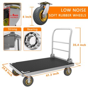 Platform Truck Cart, Foldable Push Cart Dolly Large Flatbed w/Rubber Mat and 6'' Wheels, 2200LBS Capacity Steel Heavy Duty Moving Platform Trucks Hand Cart for Groceries, Garage (41.3"x24.8")