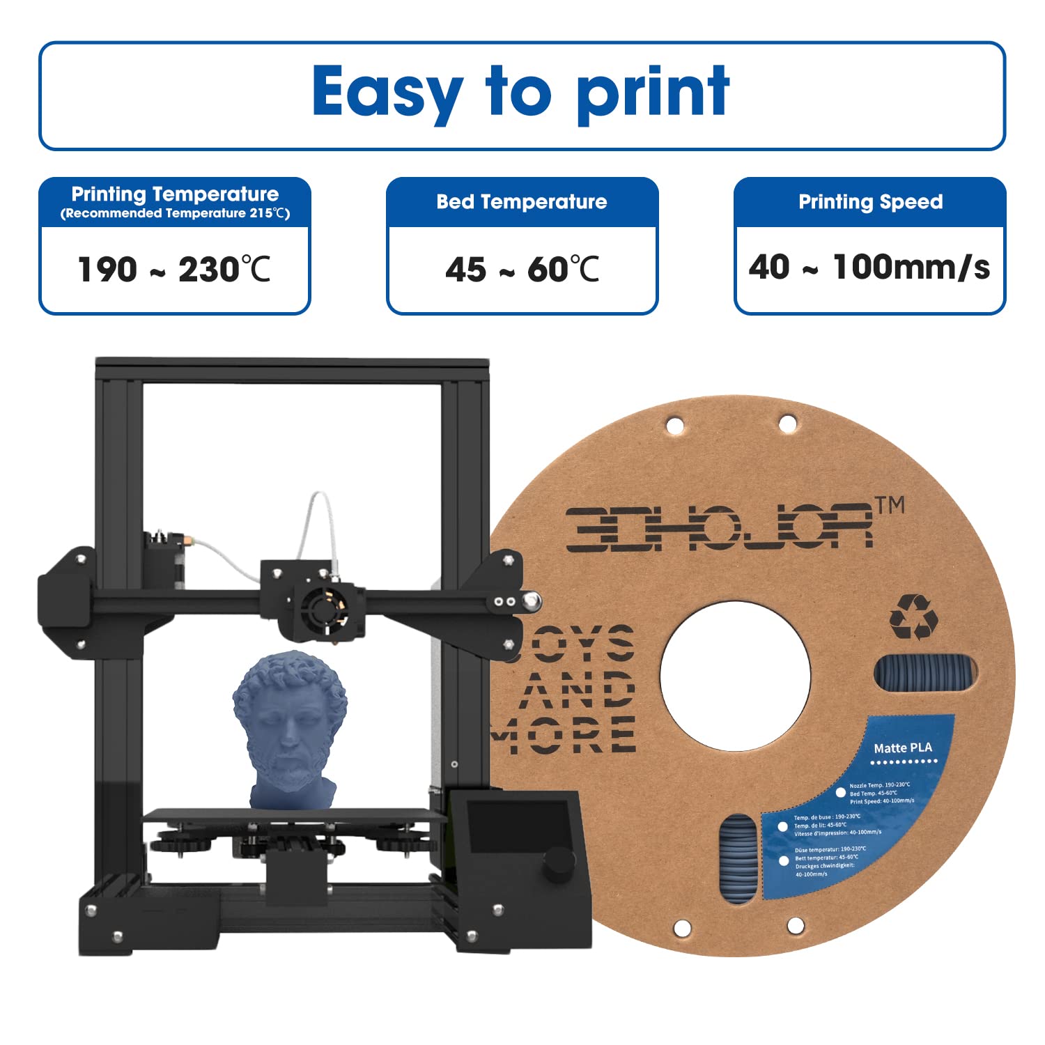 3DHoJor Matte PLA Filament 1.75mm, Upgrade Matte PLA Roll 1kg Cardboard Spool (2.2lbs), Dimensional Accuracy +/- 0.03 mm (Matte Grey)