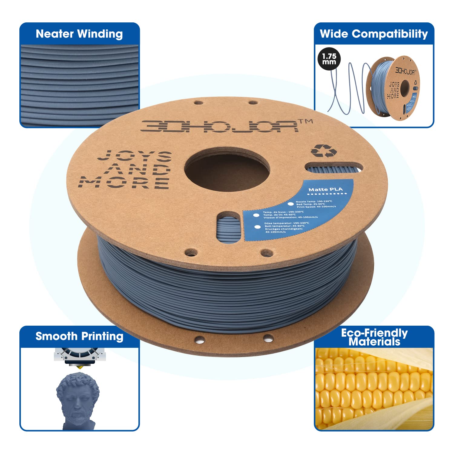 3DHoJor Matte PLA Filament 1.75mm, Upgrade Matte PLA Roll 1kg Cardboard Spool (2.2lbs), Dimensional Accuracy +/- 0.03 mm (Matte Grey)