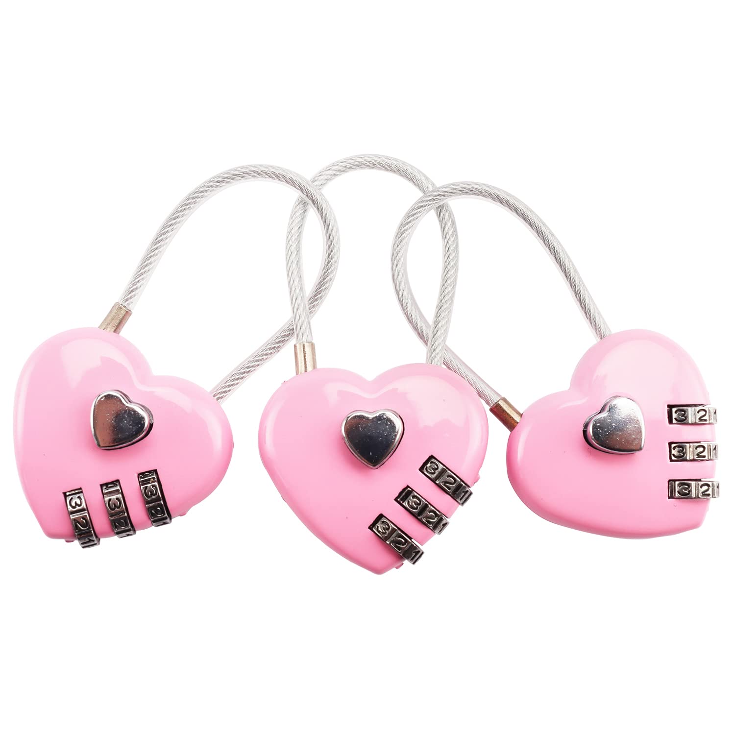 3 Pcs Pink Heart Padlock Small Metal Heart Shaped Padlock Mini Code Lock, Wire Rope 3-Digit Code Combination Padlock for Jewelry Storage Box Diary Book,Pink